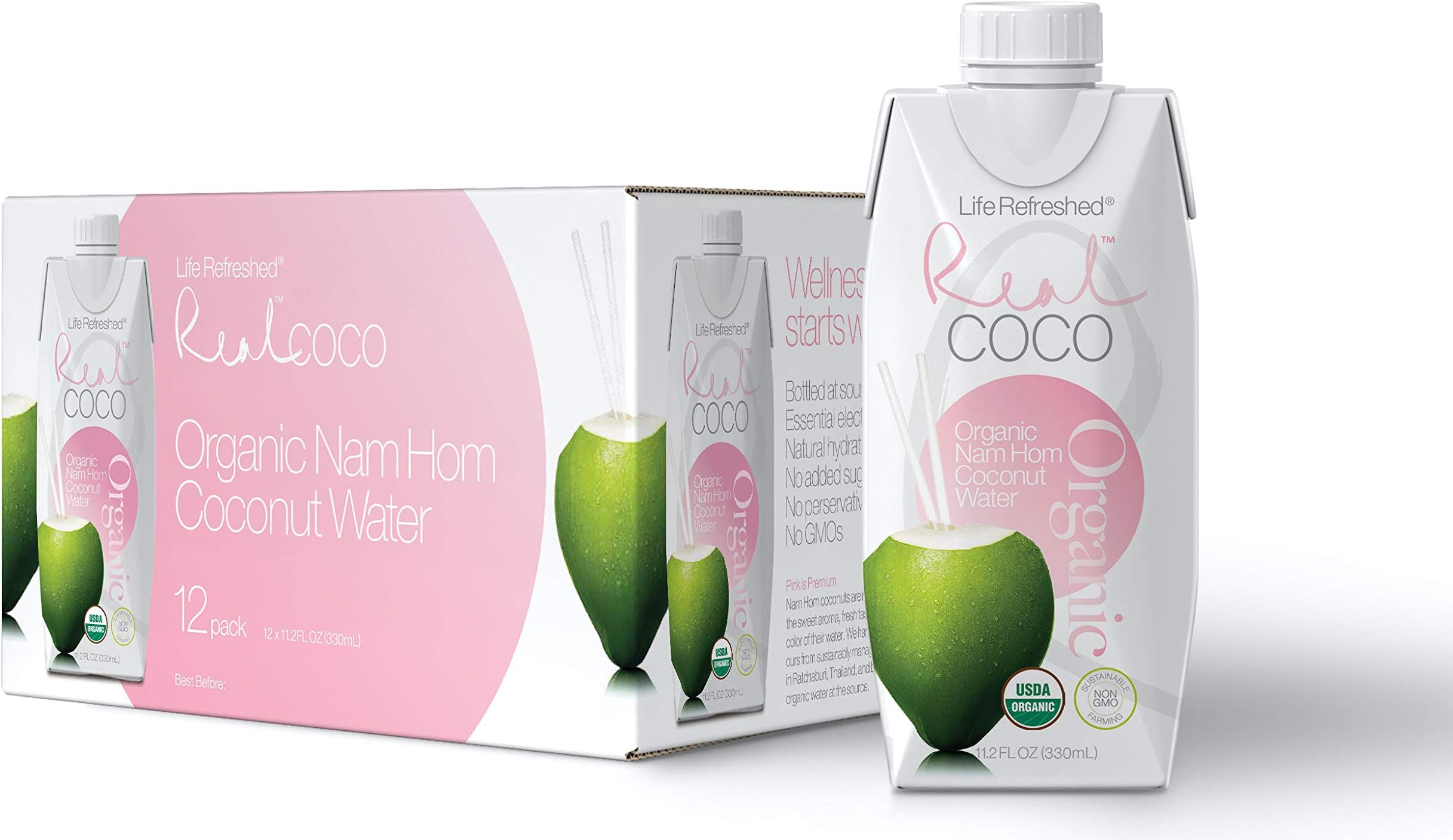 Amazon.com : Real Coco Organic Pink Nam Hom Coconut Water (12-Pack ...