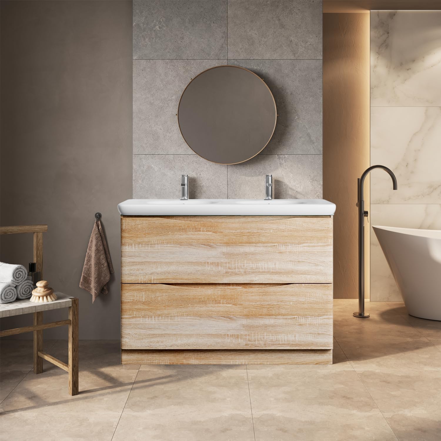 Eaton Light Ash Floor Standing Vanity Unit Includes Round Resin Basin ...