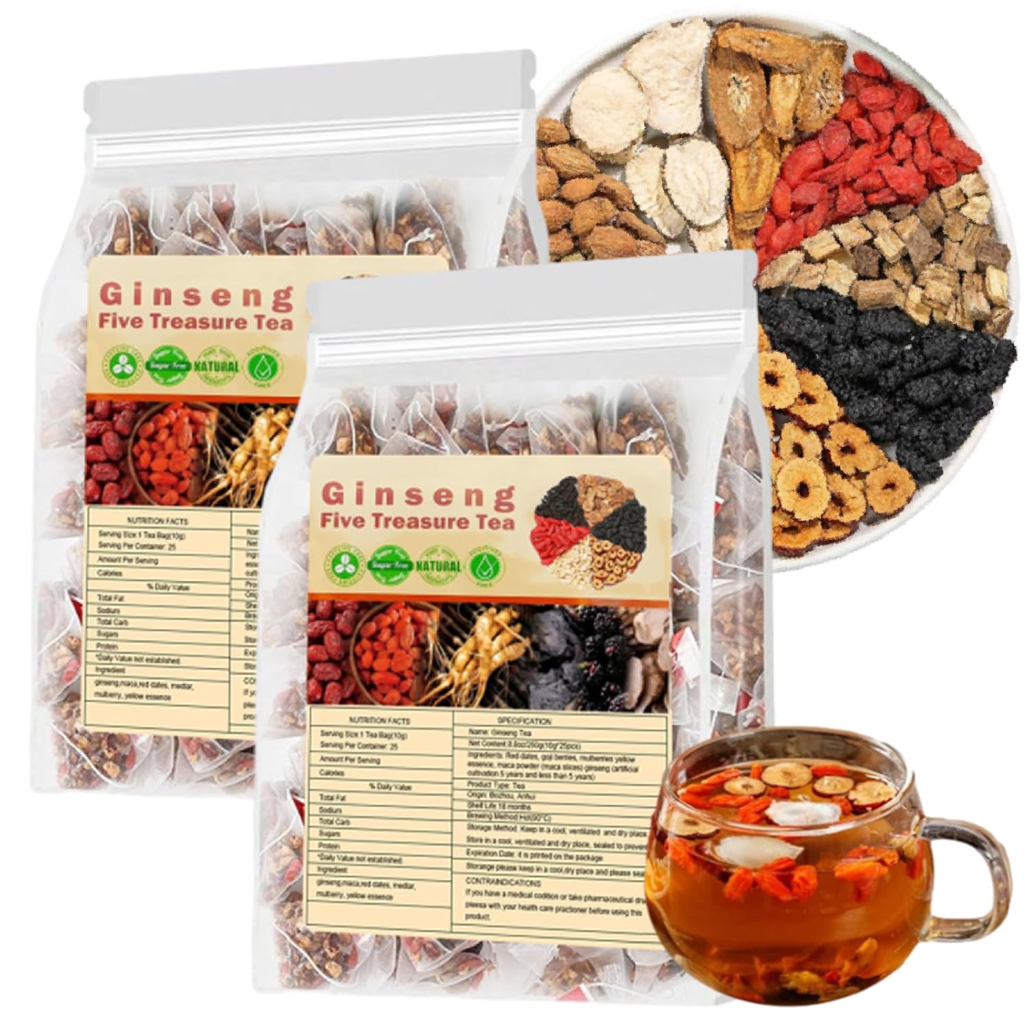 Amazon.com : Ginseng Five Treasure Tea - Kidney Tea Wubao Tea, Ginseng ...