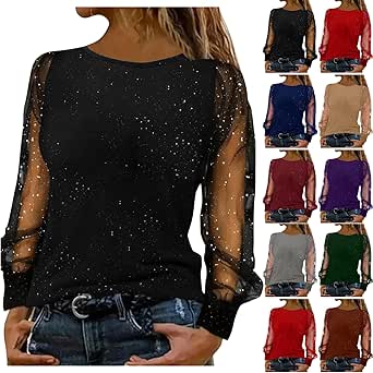 Amazon.com: Sequin Tops for Women Bling Mesh Sparkly Long Sleeve ...