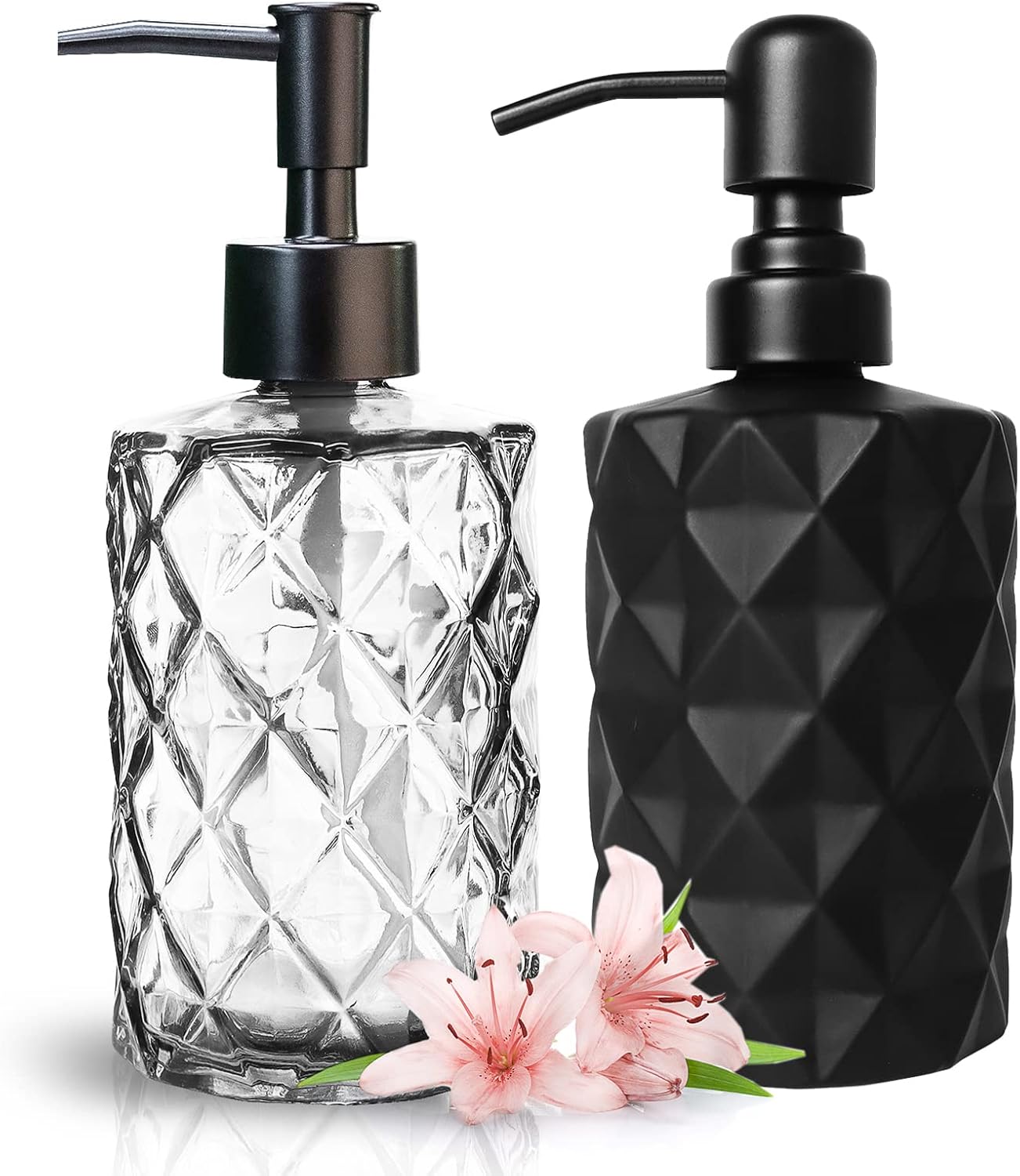 Amazon.com: Glass Soap Dispenser Set for Bathroom 11 Oz Diamond Design ...