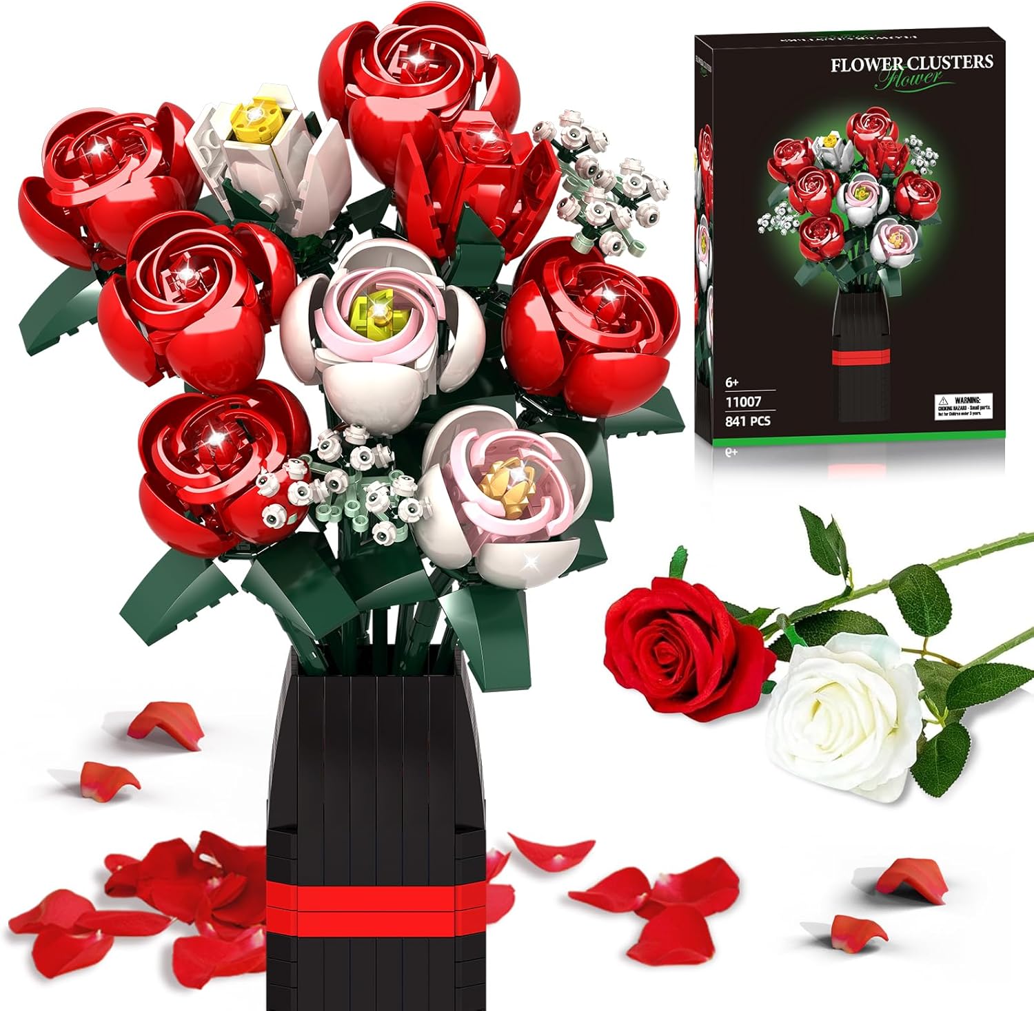 Roses Flower Bouquet Building Kit, 841PCS Red Roses Artificial Flowers ...