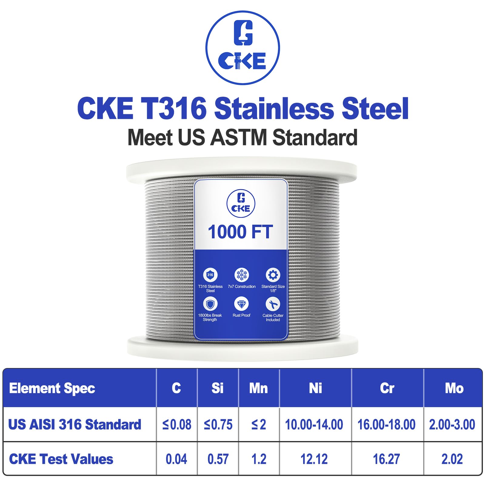 CKE 1000FT 1/8" Stainless Steel Cable T316 Stainless Steel Wire Rope ...