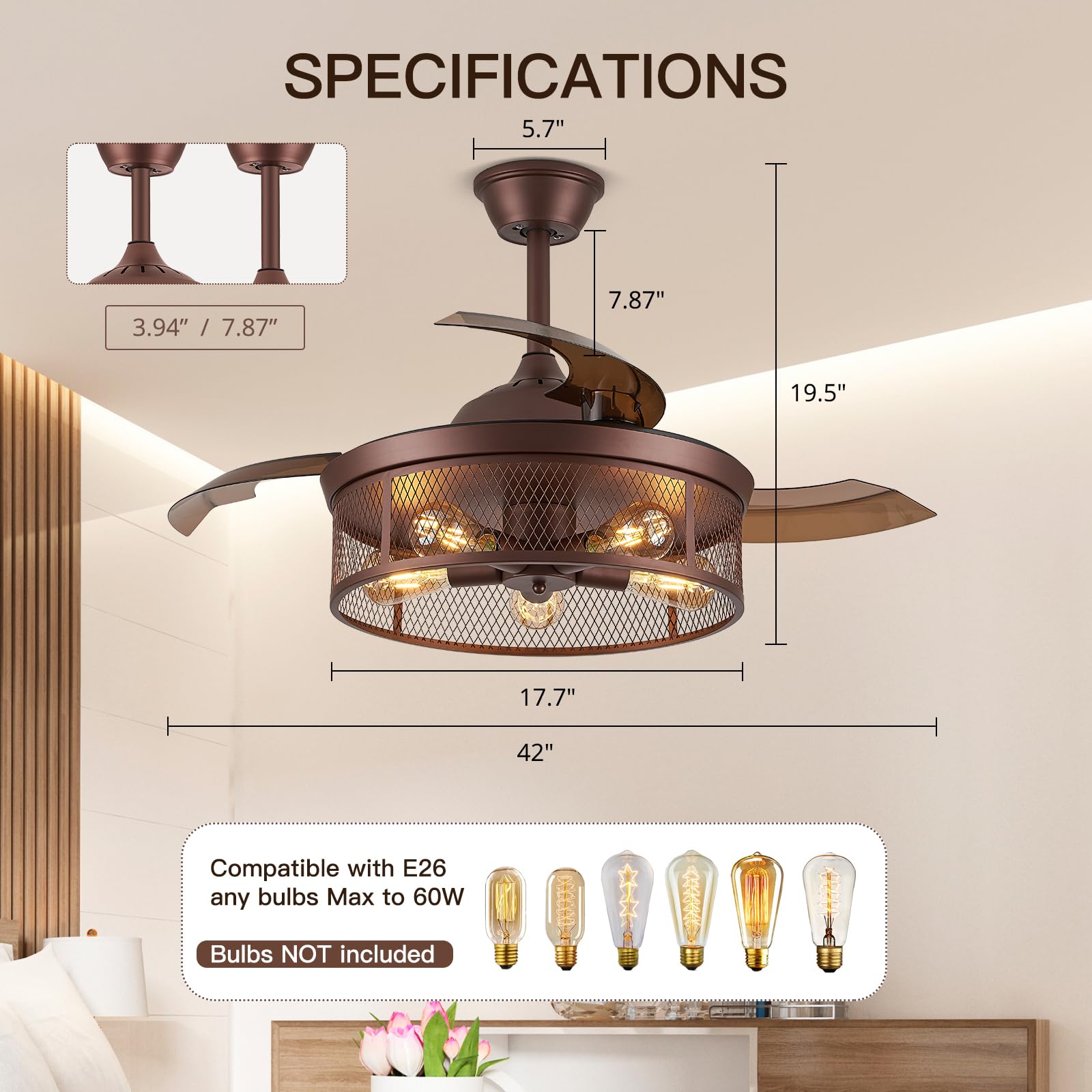 SAMPHON Retractable Ceiling Fans with Lights and Remote,42'' Caged ...
