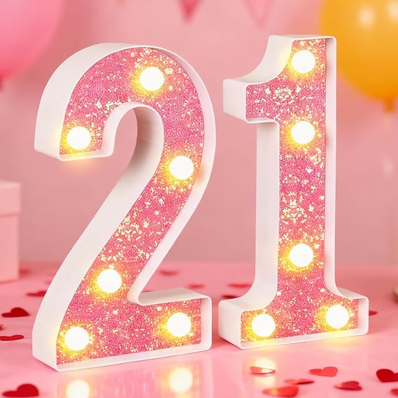 21st Birthday Decorations LED Light Up Numbers, Pink Marquee Lights ...