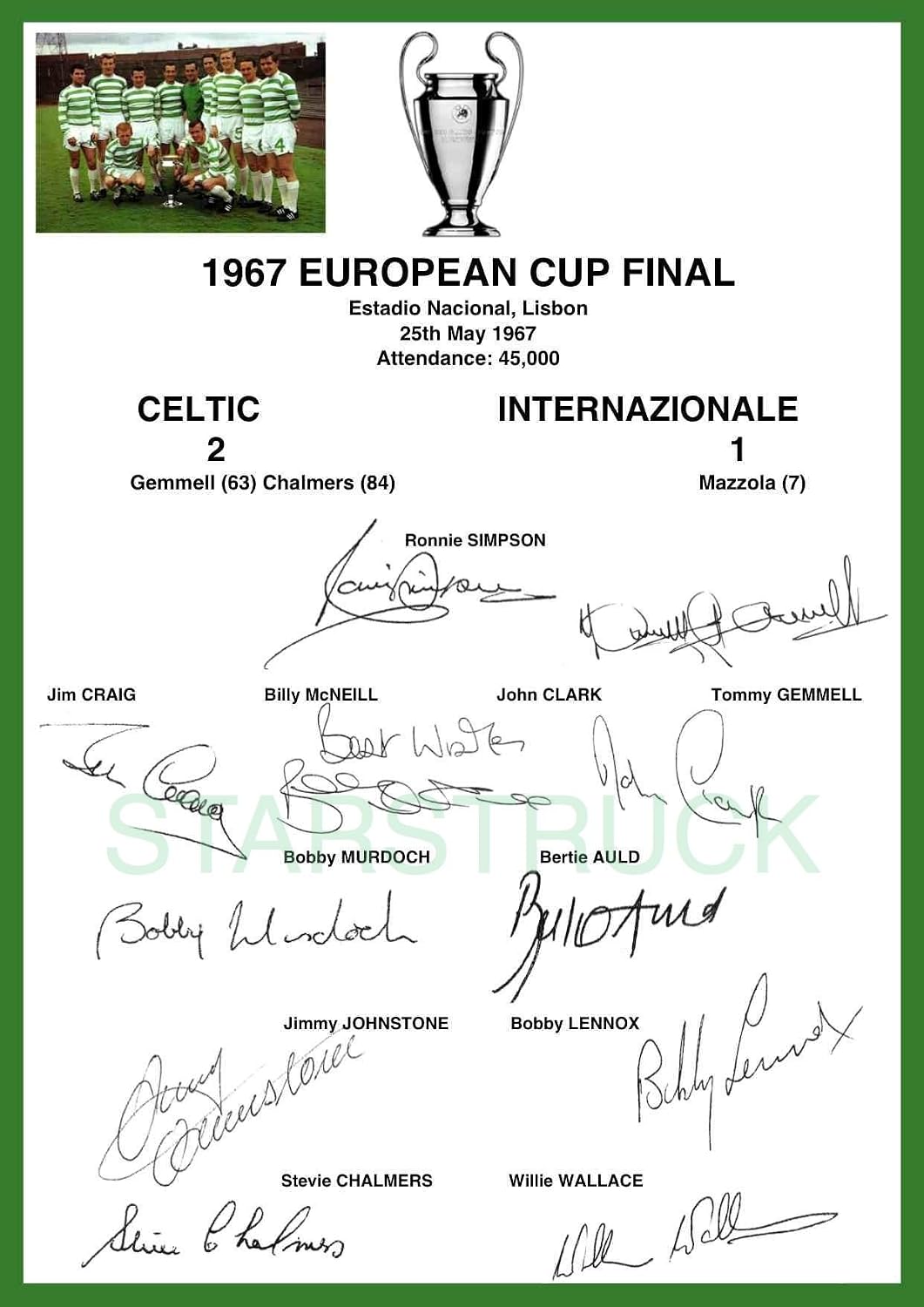 Celtic FC 1967 European Cup Final The Lisbon Lions Signed Autographs Re ...