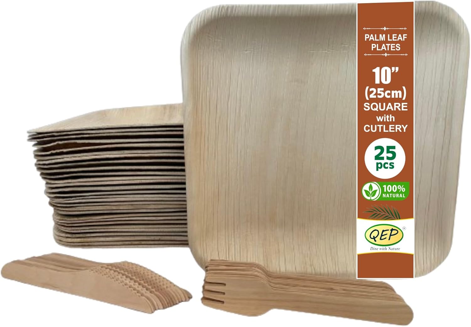QEP 75 Pcs Disposable Palm Leaf Bio Disposable Plates Plates + Cutlery ...