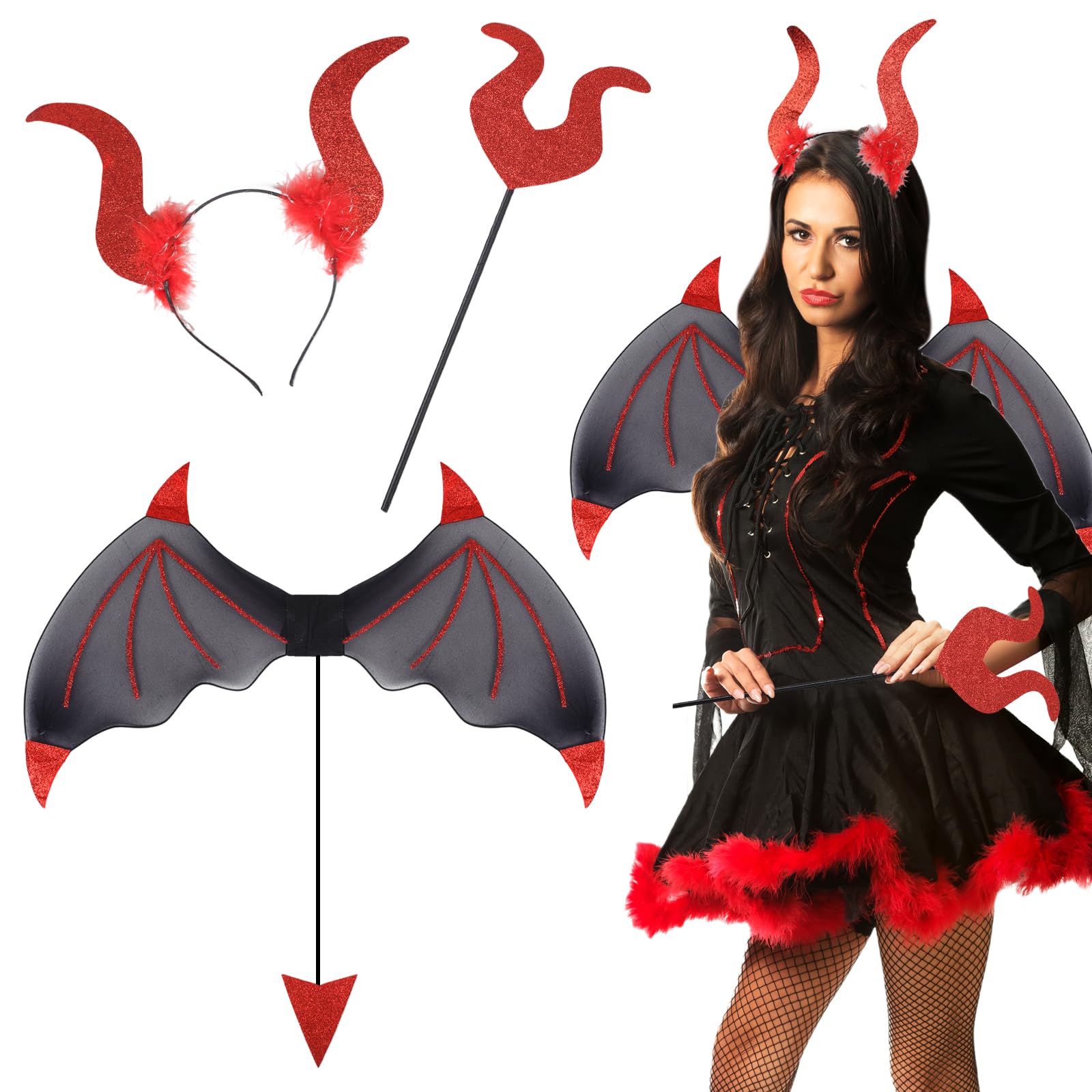 Amazon.com: 3 Pieces Red Devil Costume Set Halloween Devil Costume ...