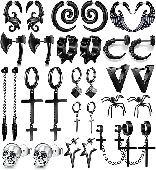 Amazon.com: 15 Pairs Punk Style Earrings Set for Women and Men, Black ...