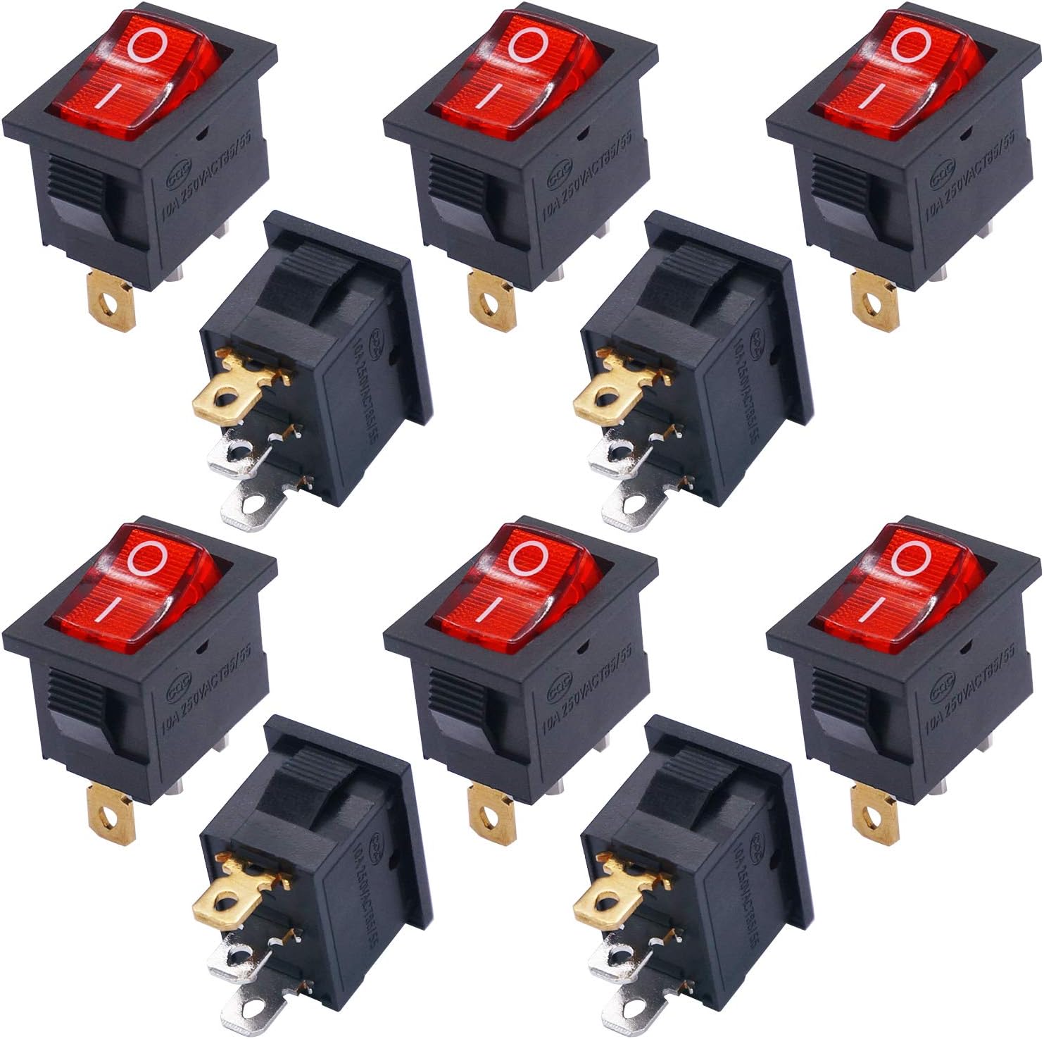 Taiss/10Pcs Rocker Toggle Switch Red Light Illuminated ON/Off SPST 3 ...