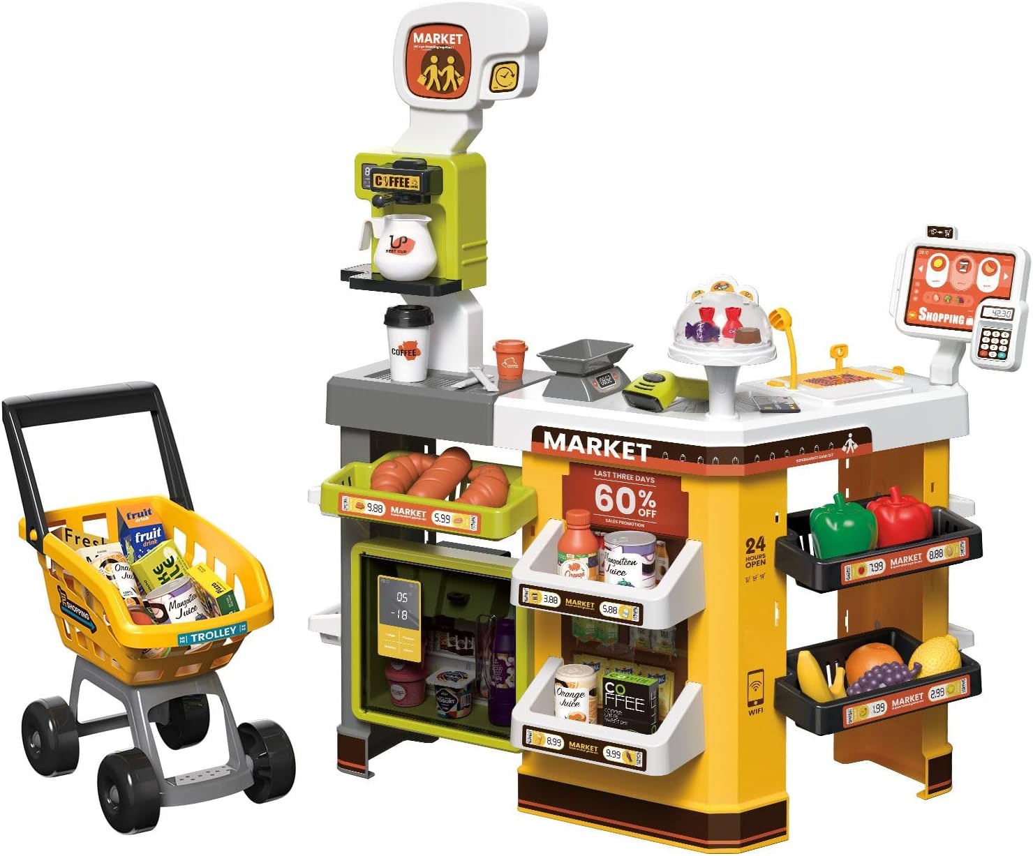 KIDBOT 65Pcs Supermarket Shop Playset with Shopping Cart, Kids Pretend ...