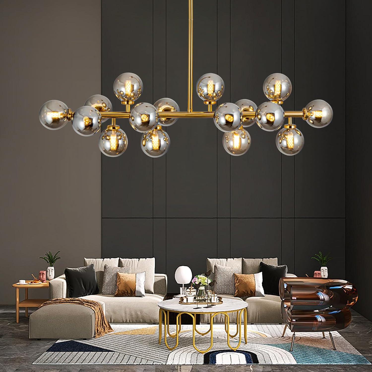 Wndtu Modern Gold Linear Chandelier Rectanglar Modern Grey Globe ...