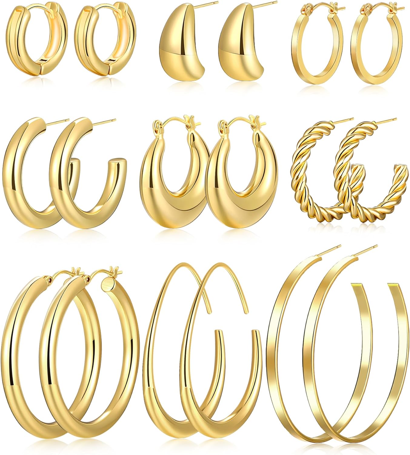 9 Pairs Chunky Gold Hoop Earrings Set for Women, 14K Gold Plated ...
