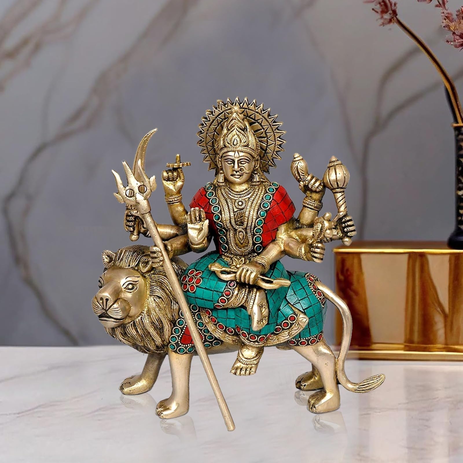ARTVARKO Brass Maa Durga Idol Sitting On Lion Ma Sherwali Murti Vaishno ...