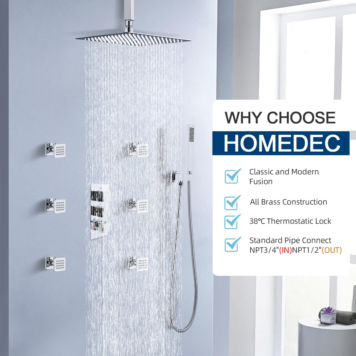 HOMEDEC Brass 3 Way Shower Diverter Valve, Thermostatic 3 Handle ...