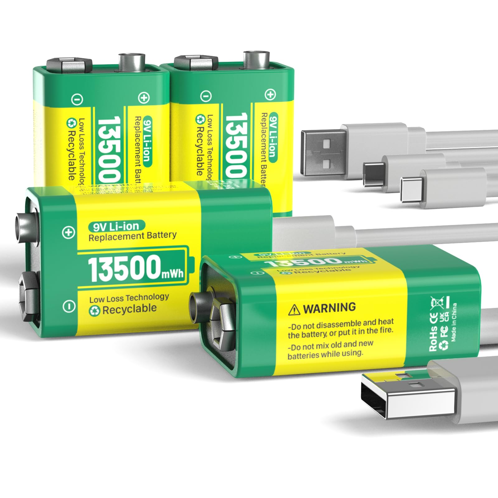 9 V Rechargeable Battery, 13500mWh 9 V High Capacity Lithium Batteries ...