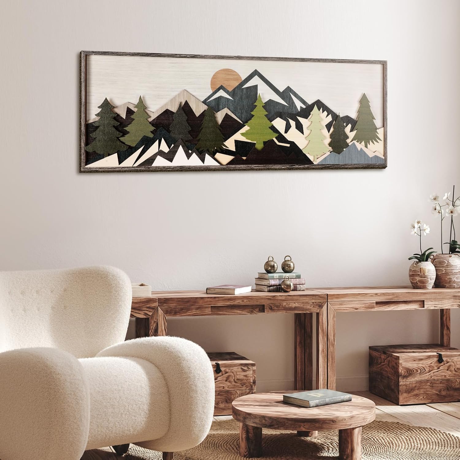 Amazon.com: Burbell Mountain Sun Wood Wall Art Minimalist Boho Mountain ...