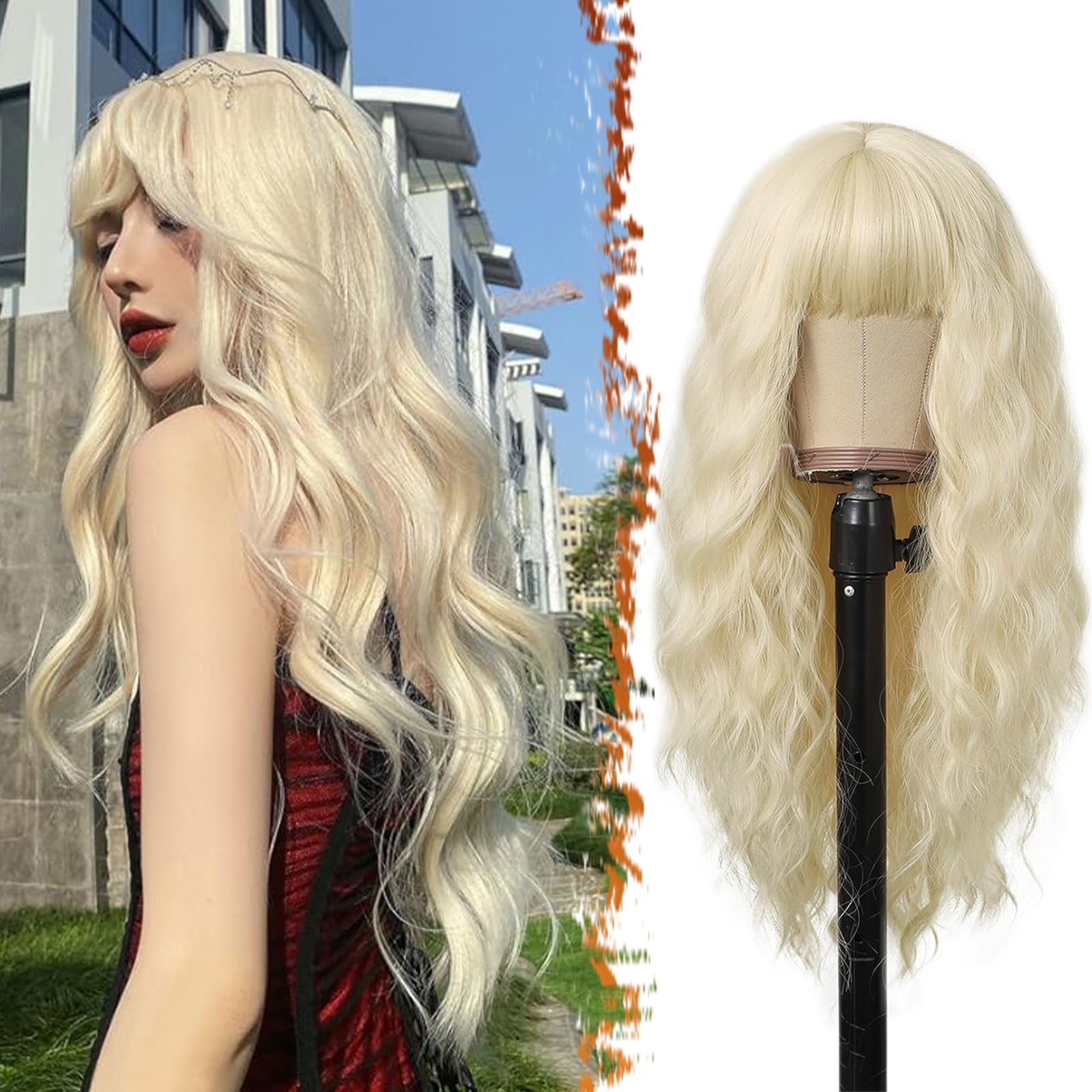 Amazon.com : BARSDAR Long Blonde Wig With Bangs - 26 In Long Wavy Wig ...