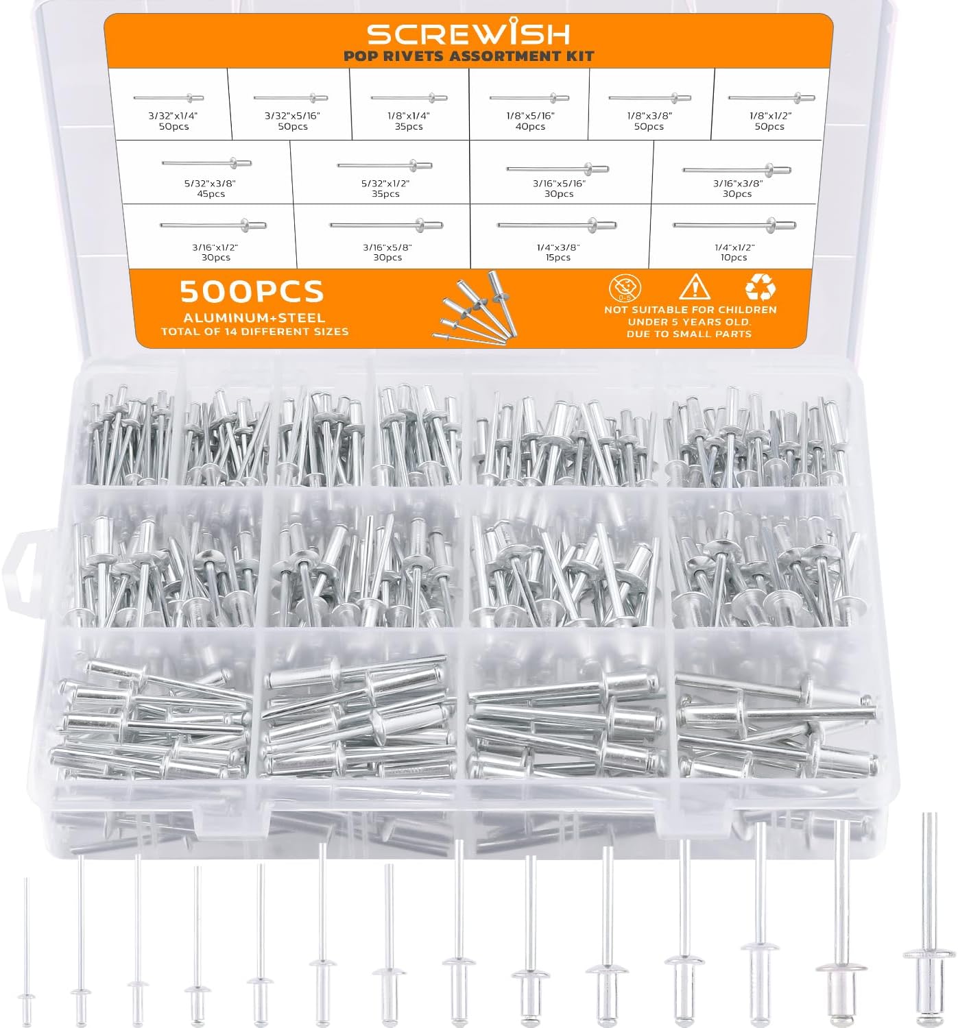 Amazon.com: Screwish 500PCS Pop Rivets,14 SAE Sizes Aluminum Blind ...