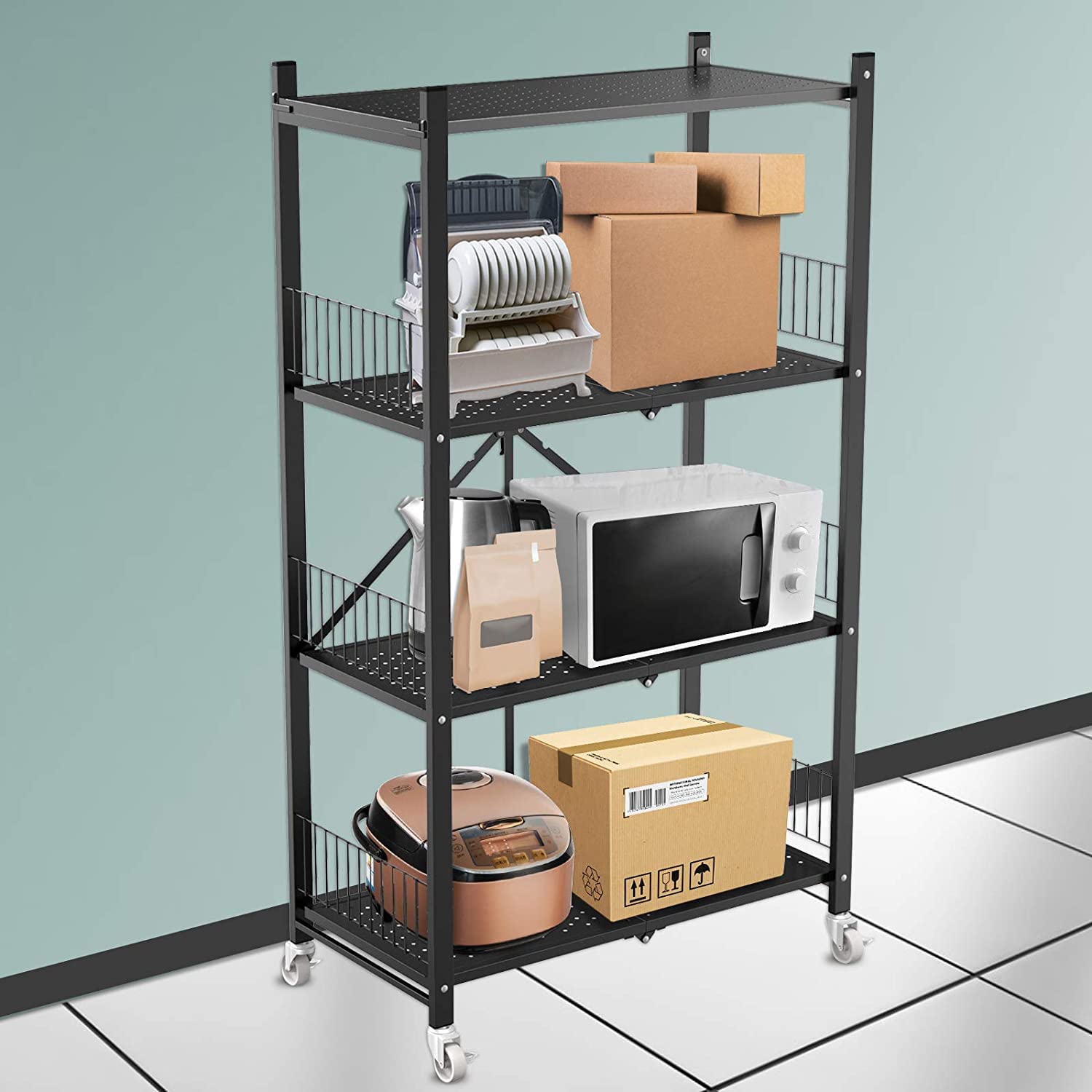 4-Tier Foldable Storage Shelving Kitchen Storage Shelves Wth Wheels ...