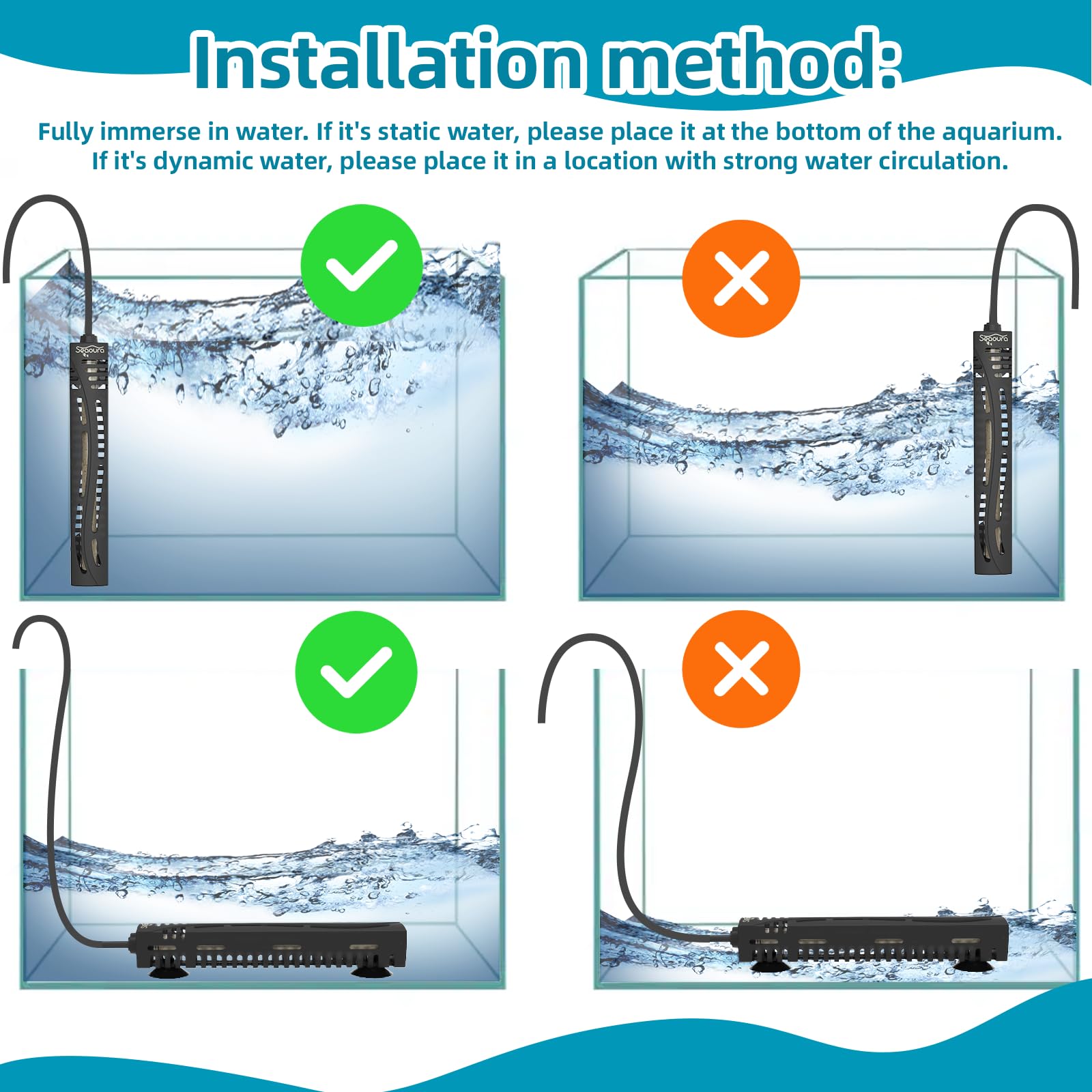 Snapklik.com : SEAOURA Submersible Fish Tank Heater, 100W Aquarium ...
