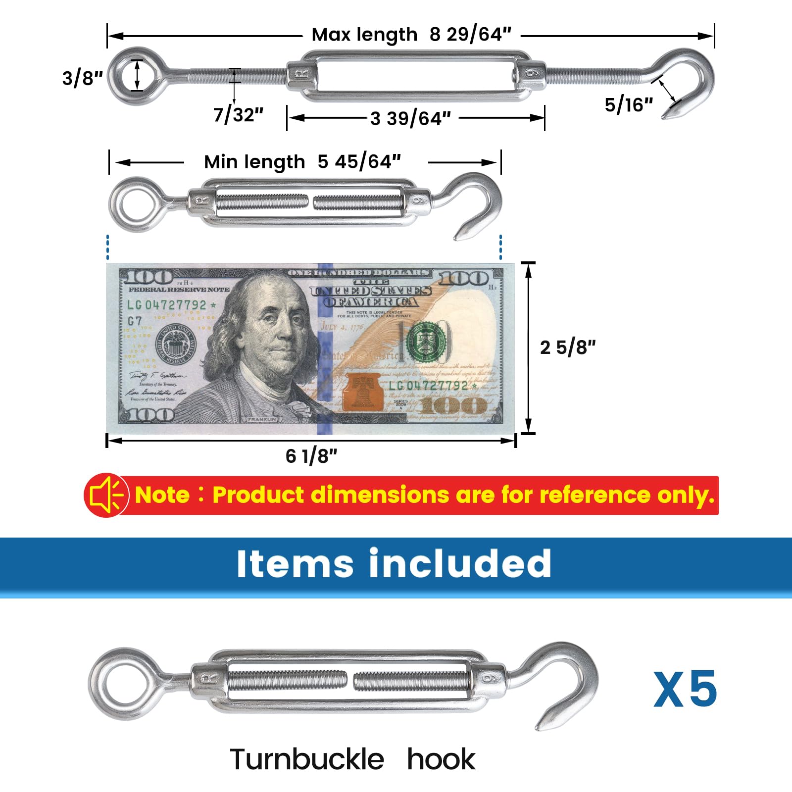 Snapklik.com : 5 Pack M6 Turnbuckle Stainless Steel Turnbuckles For ...