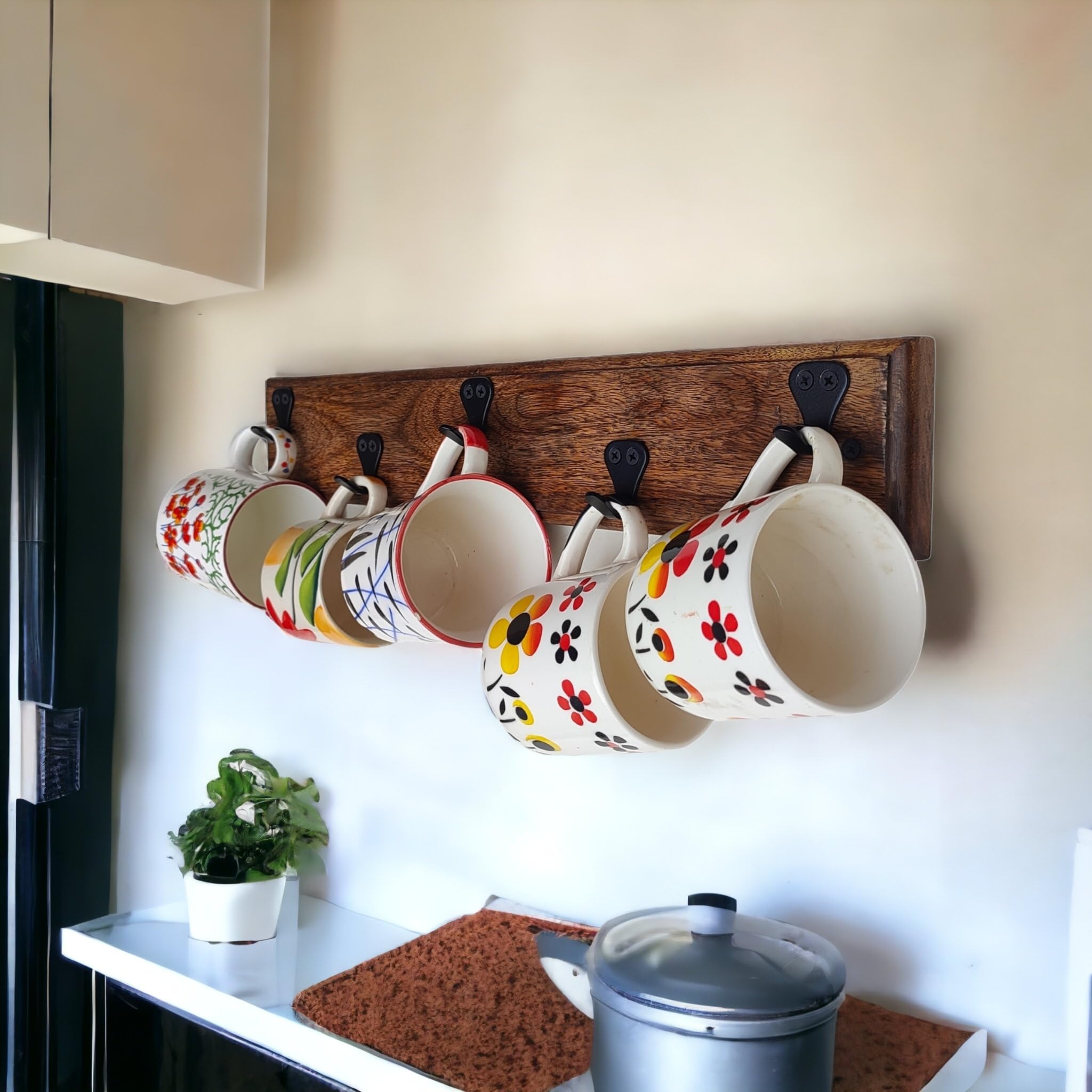 Treegift Wooden Wall Mount Cup Holder Coffee Mug Stand Utensil Rack and ...