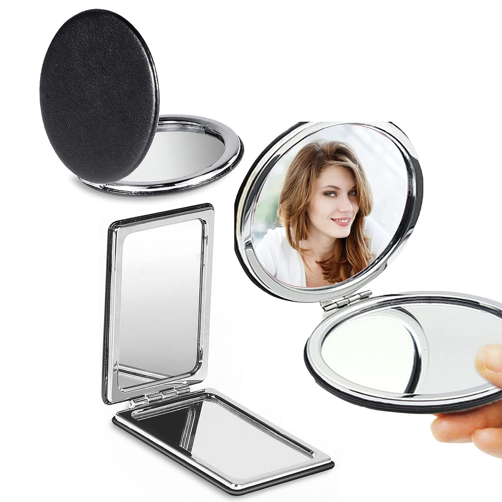 2-Pack Versatile Compact Mirror Set, Black Double-Sided Black Round and ...