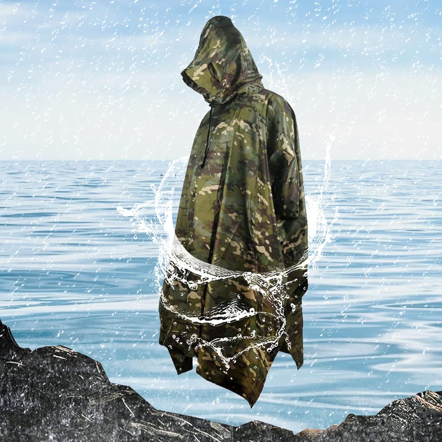 Amazon.com : Camo Rain Poncho Adults, Military Poncho Waterproof Hooded ...