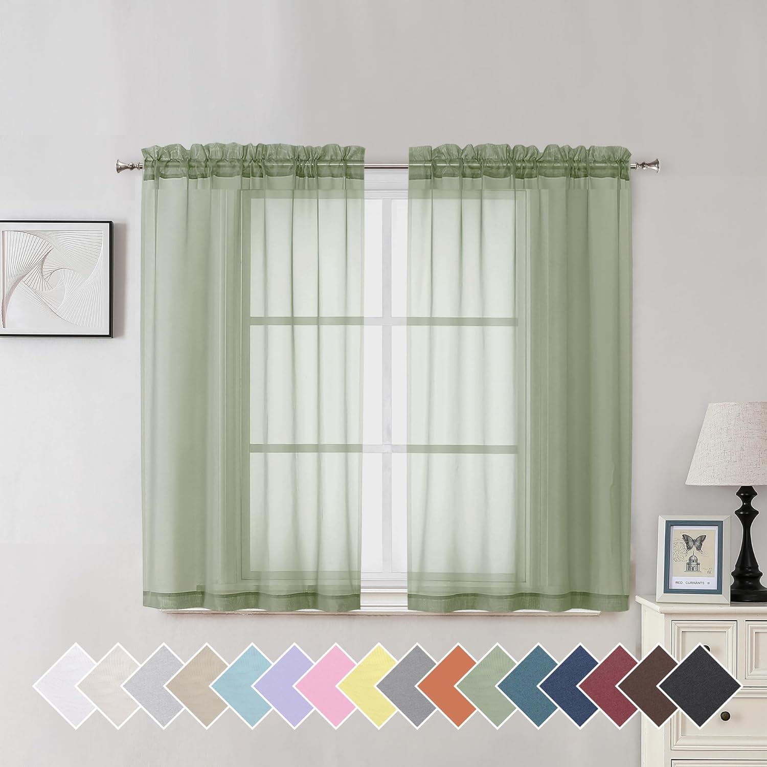 Amazon.com: Aiyufeng Window Green Sheer Curtains 45 Inch Length 2 ...