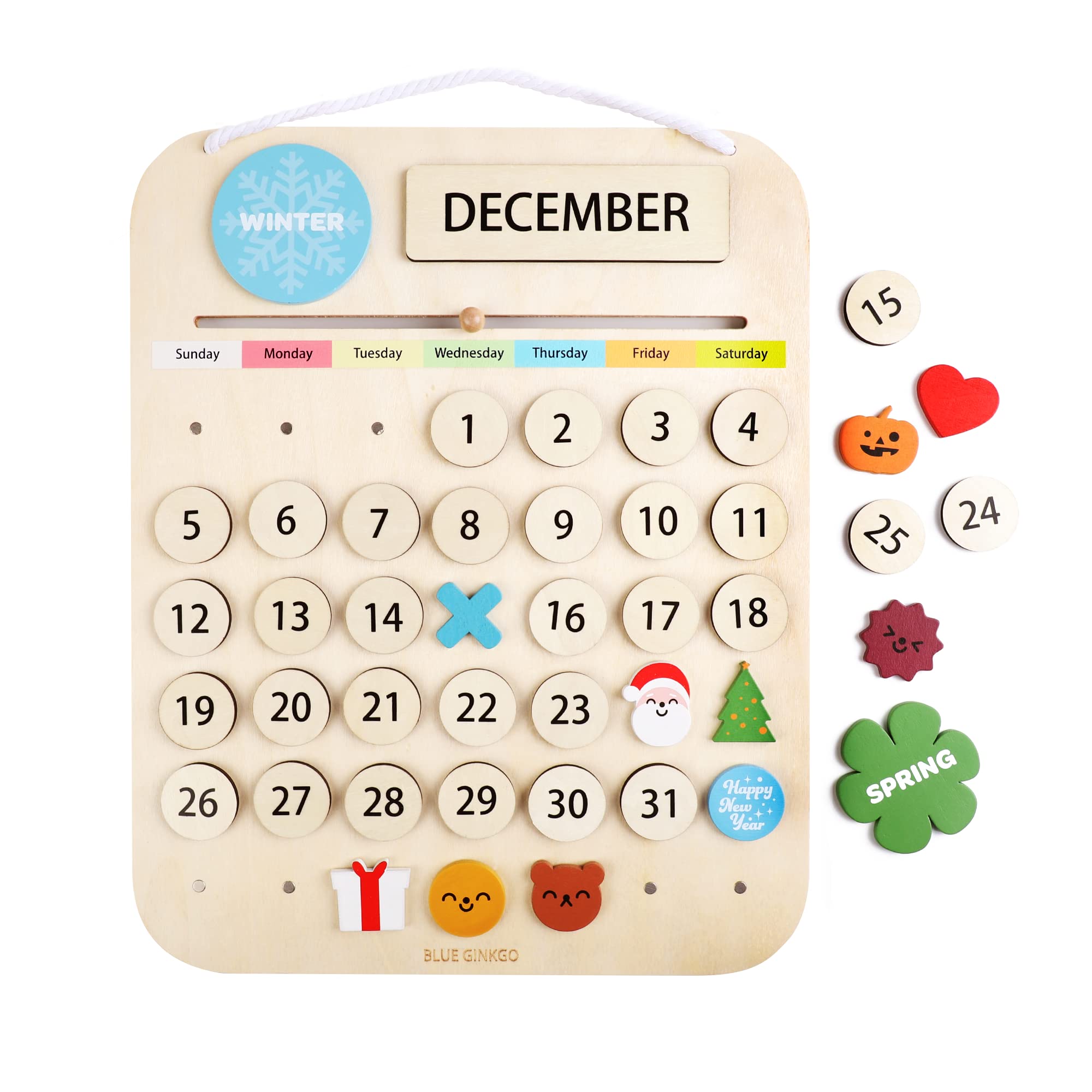 Blue Ginkgo Wooden Kids Calendar Montessori Calendar For Kids To ...