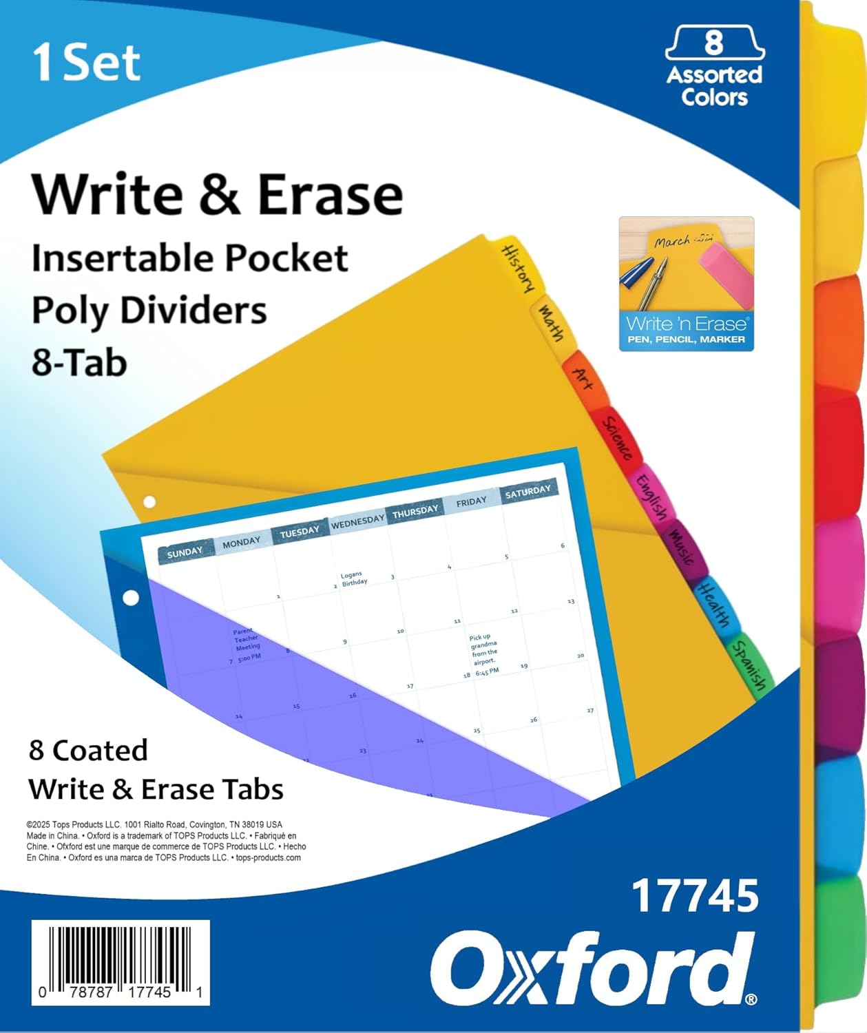 Amazon.com : Oxford Write & Erase Plastic Binder Dividers, 8 Tab, Slash ...