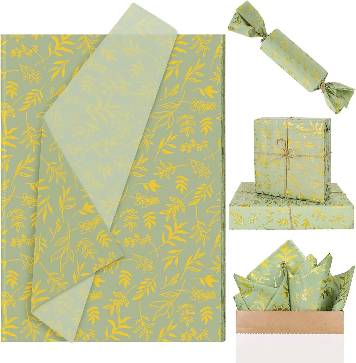 Whaline 100 Sheets Sage Green Eucalyptus Leaves Tissue Paper Gold ...