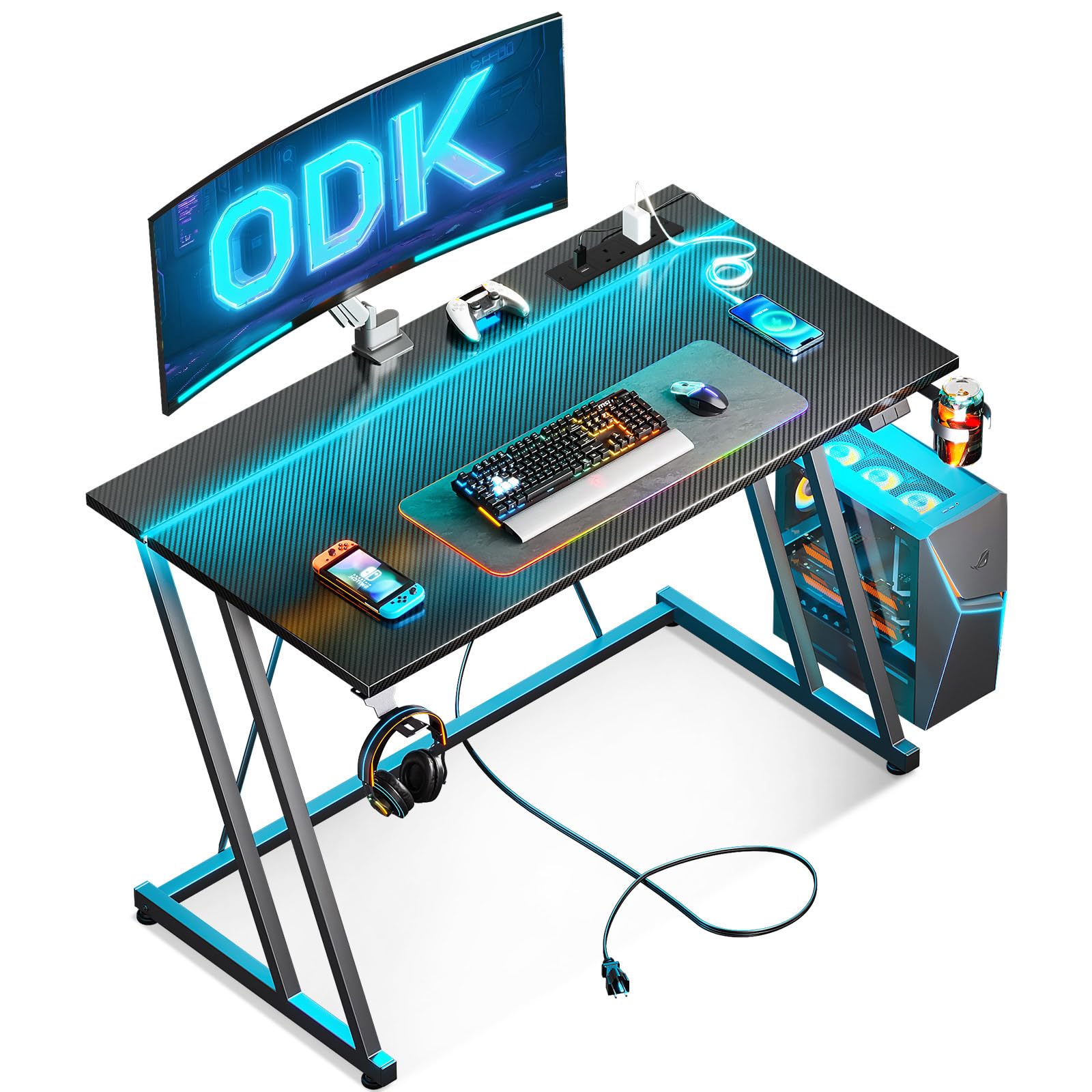 ODK Gaming Desk with LED Lights & Power Outlet, Computer Desk 100x50cm ...