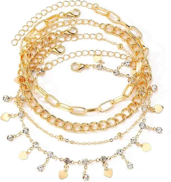 Amazon.com: Gold Layered Anklet Set with Heart Charms and Crystal ...