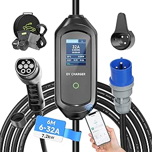 AFYEEV EV Charger - Type 2 to 3 Pin Commando Plug, Adjustable Current 8 ...