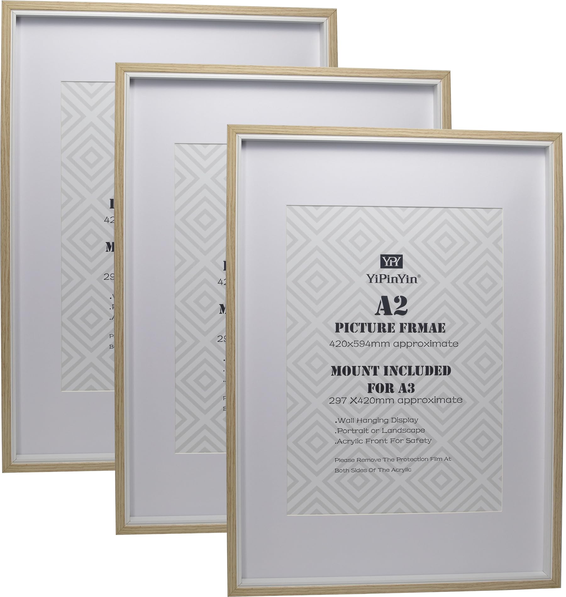 Wooden&White A2(42x59.4cm) Two Tone Picture Frames Set of 3 with Mounts ...