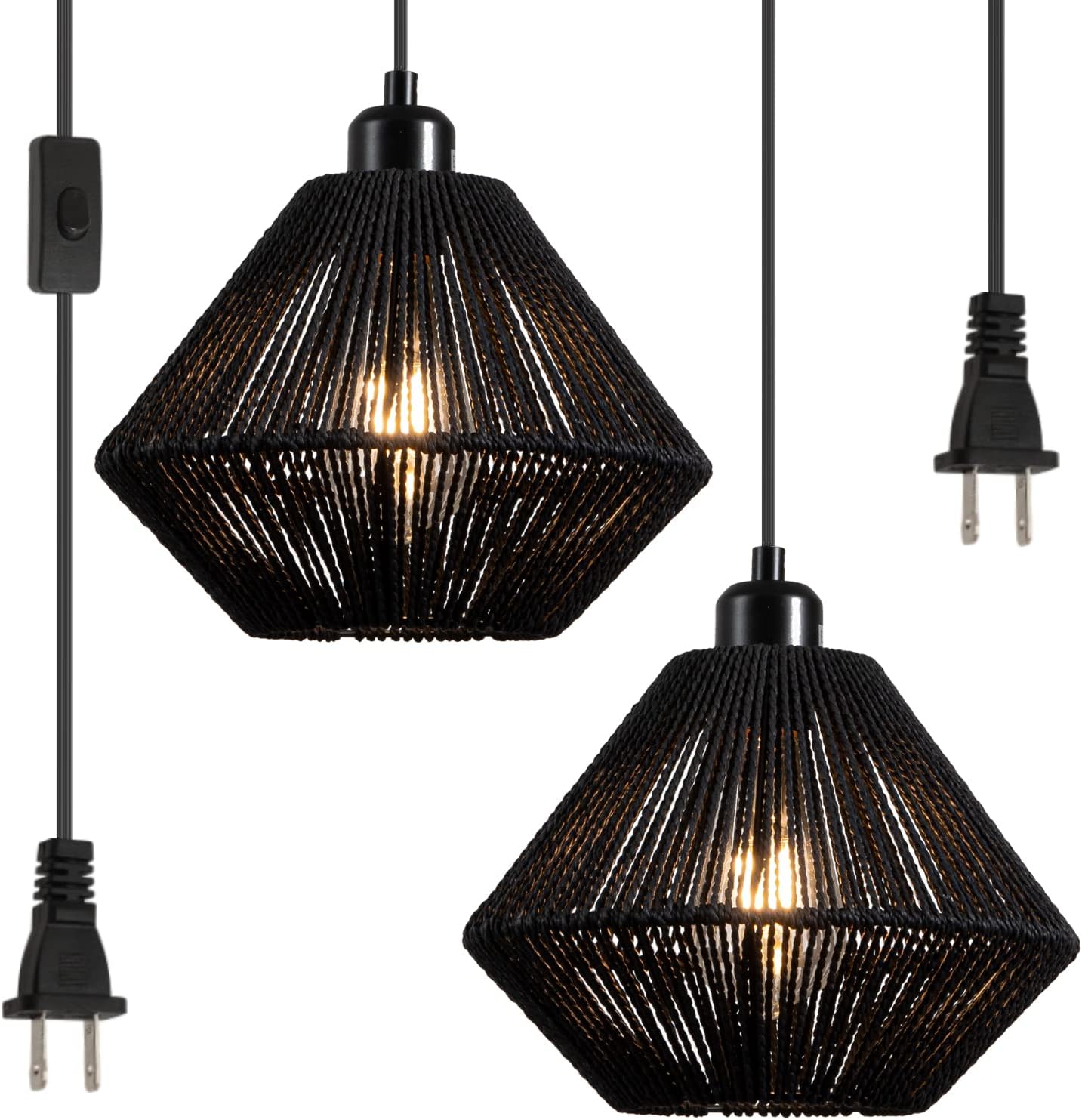YongMing CL 2 Pack Woven Plug in Pendant Light Fixture Black, 9.65 ...