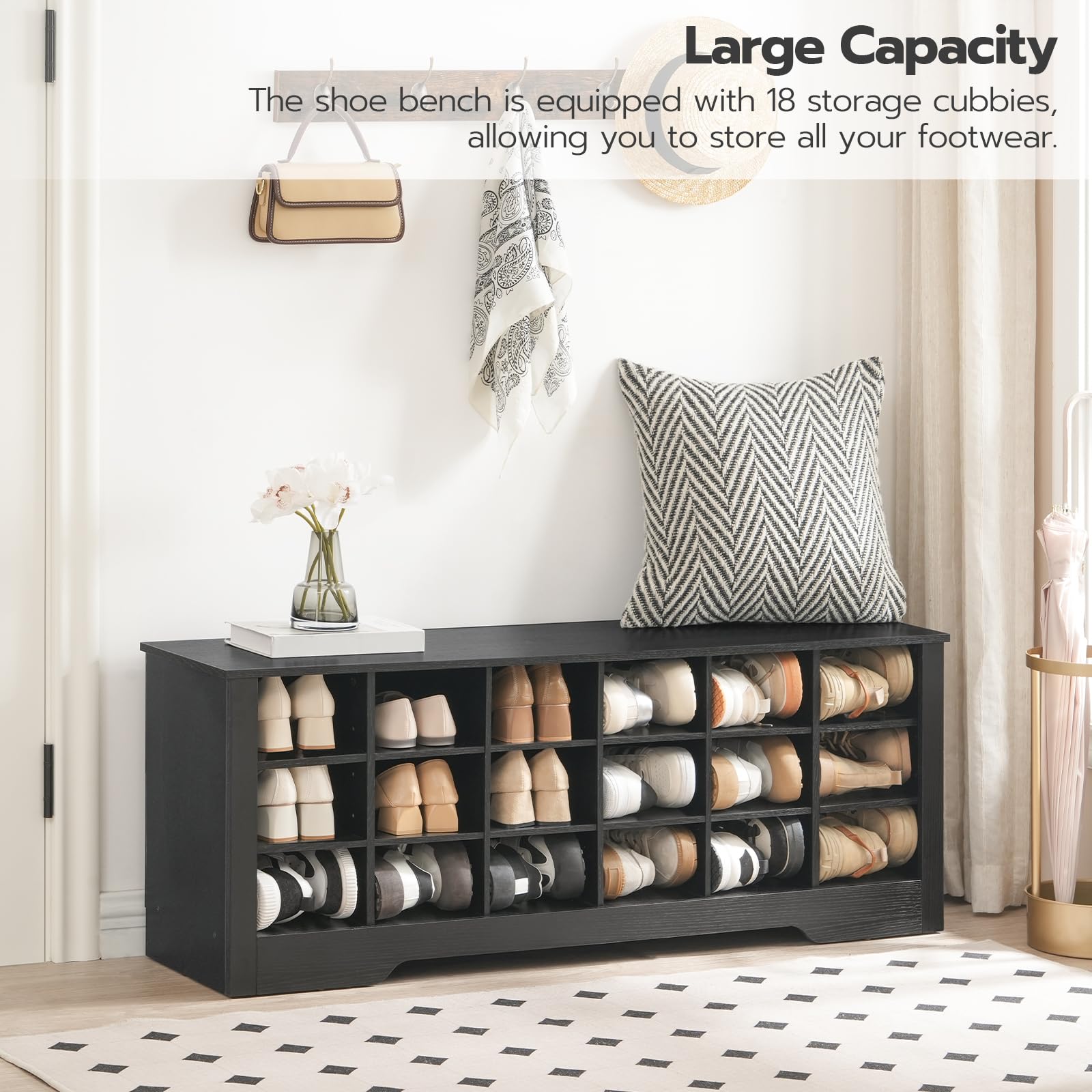 HOOBRO Shoe Bench, 18 Cubbies Shoe Storage Bench, Multifunctional Shoe ...