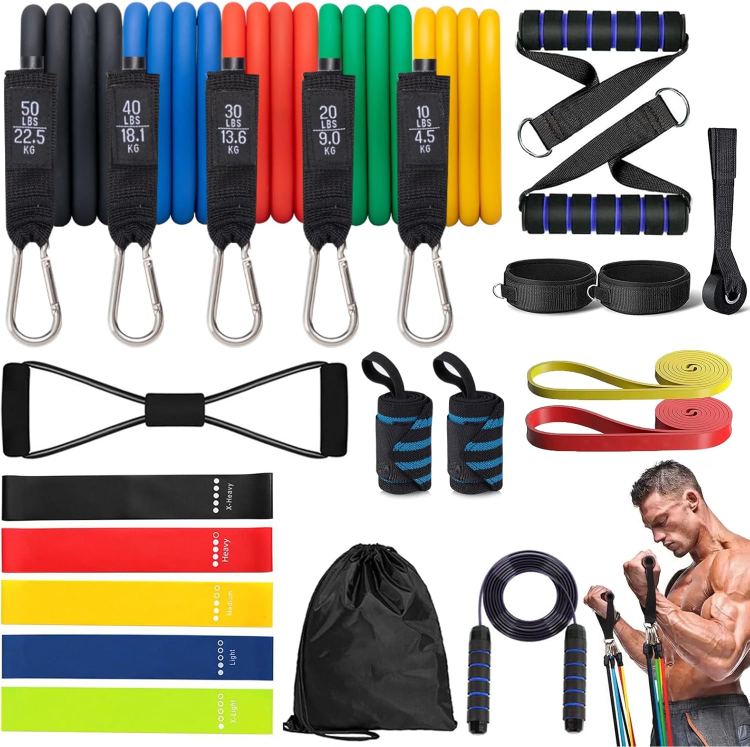 22Pcs Resistance Bands Set,Anti-Snap Exercise Tubes with Handles,150 ...