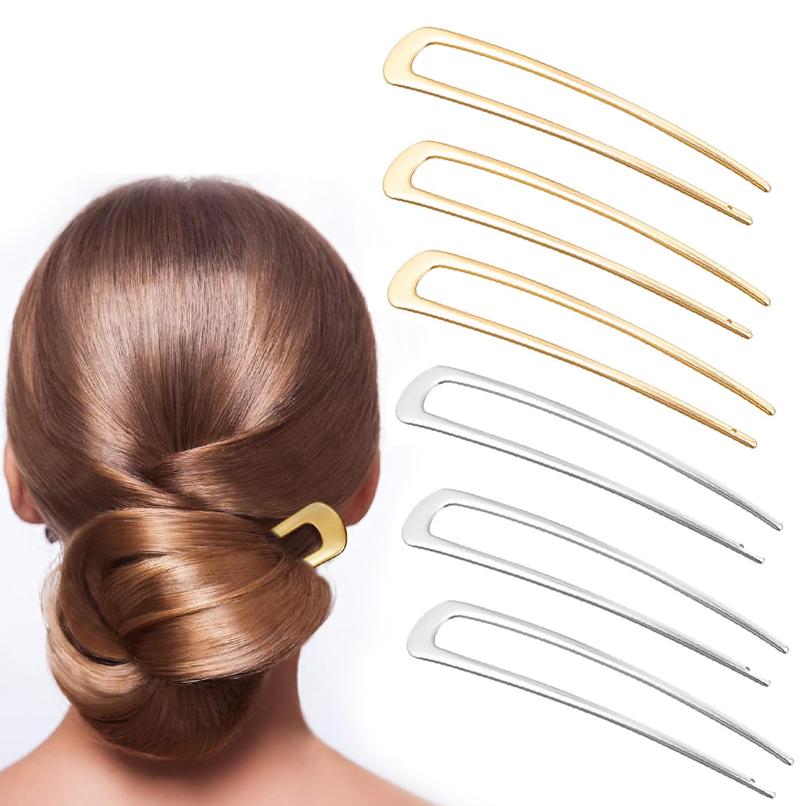 6Pcs French Hair Pins U-Shaped Large Hair Pins Metal 2 Prong Hair Fork ...