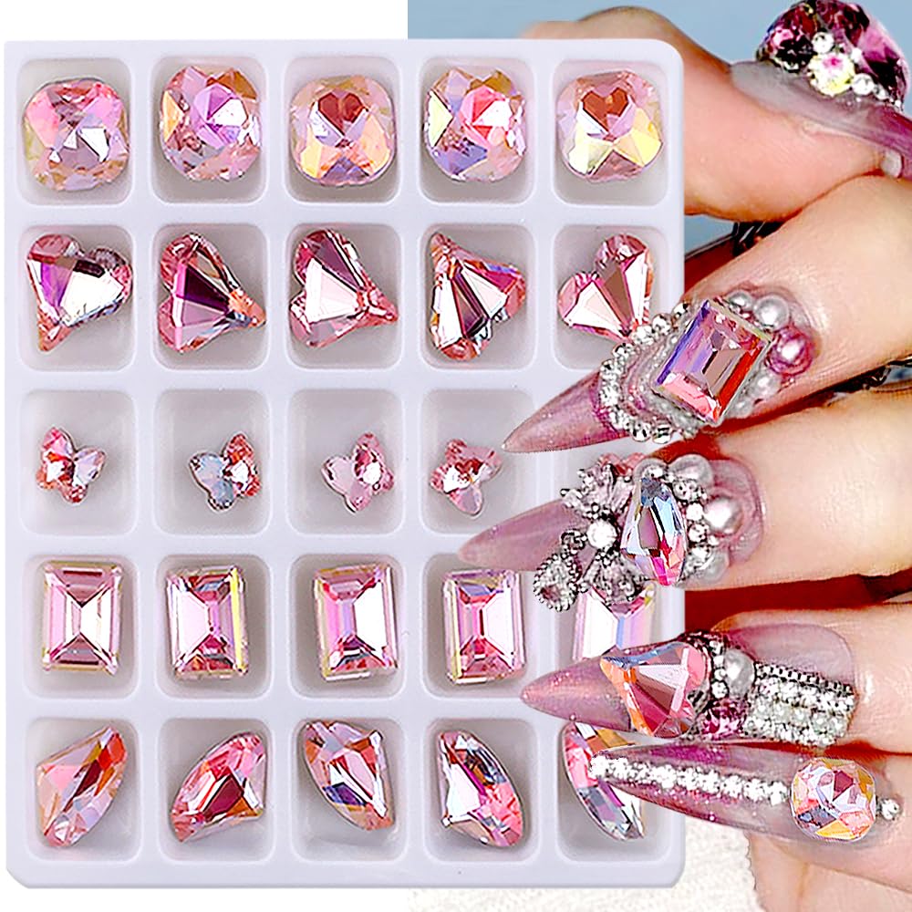 Amazon.com: Dornail 25 Pcs Pointed Back Pink Nail Rhinestones Nail Gems ...