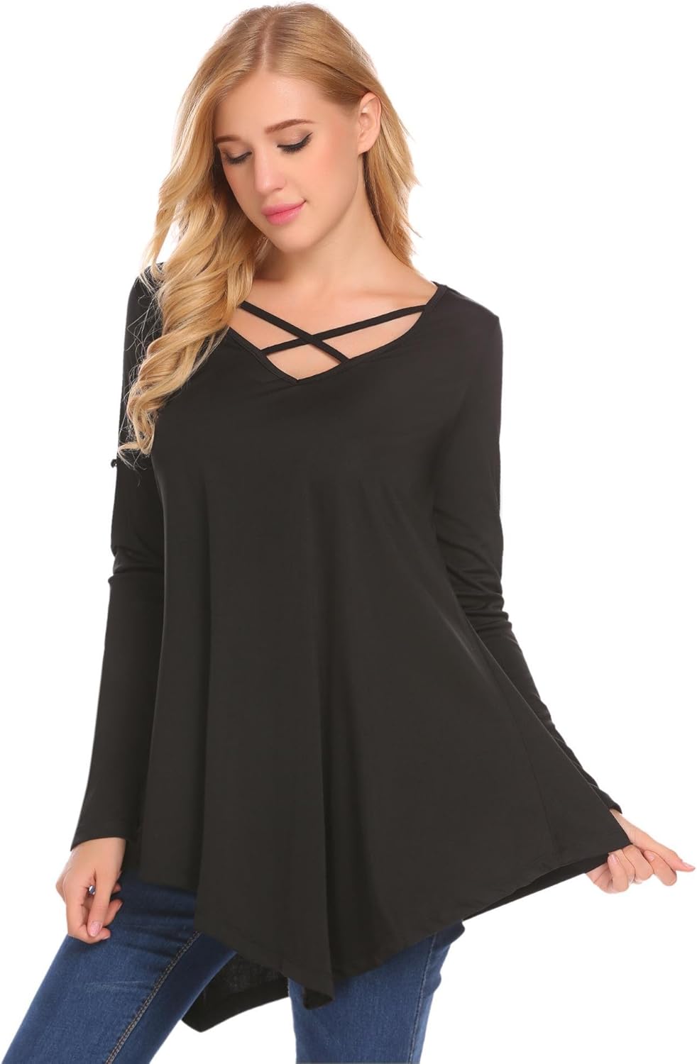 Zeagoo Women's Criss Cross Top Long Sleeve Flare Tunic Top Black XL ...