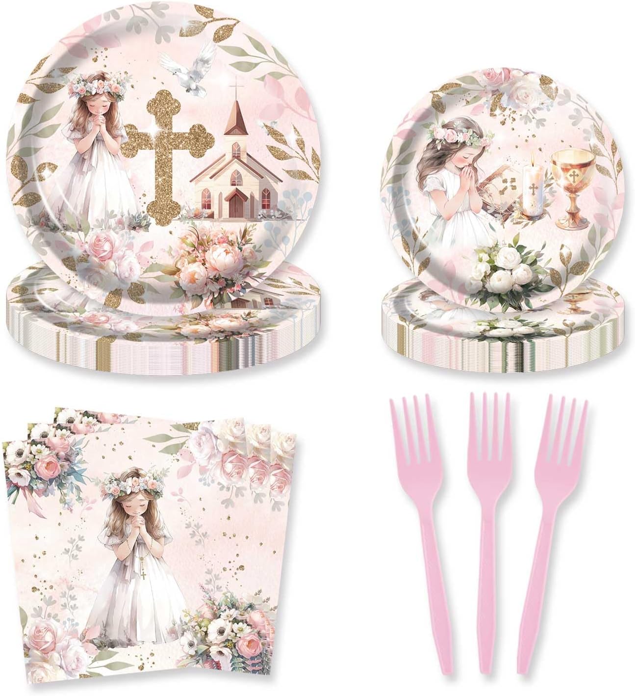 Amazon.com: HEETON 80Pcs Pink God Bless First Communion Party Supplies ...