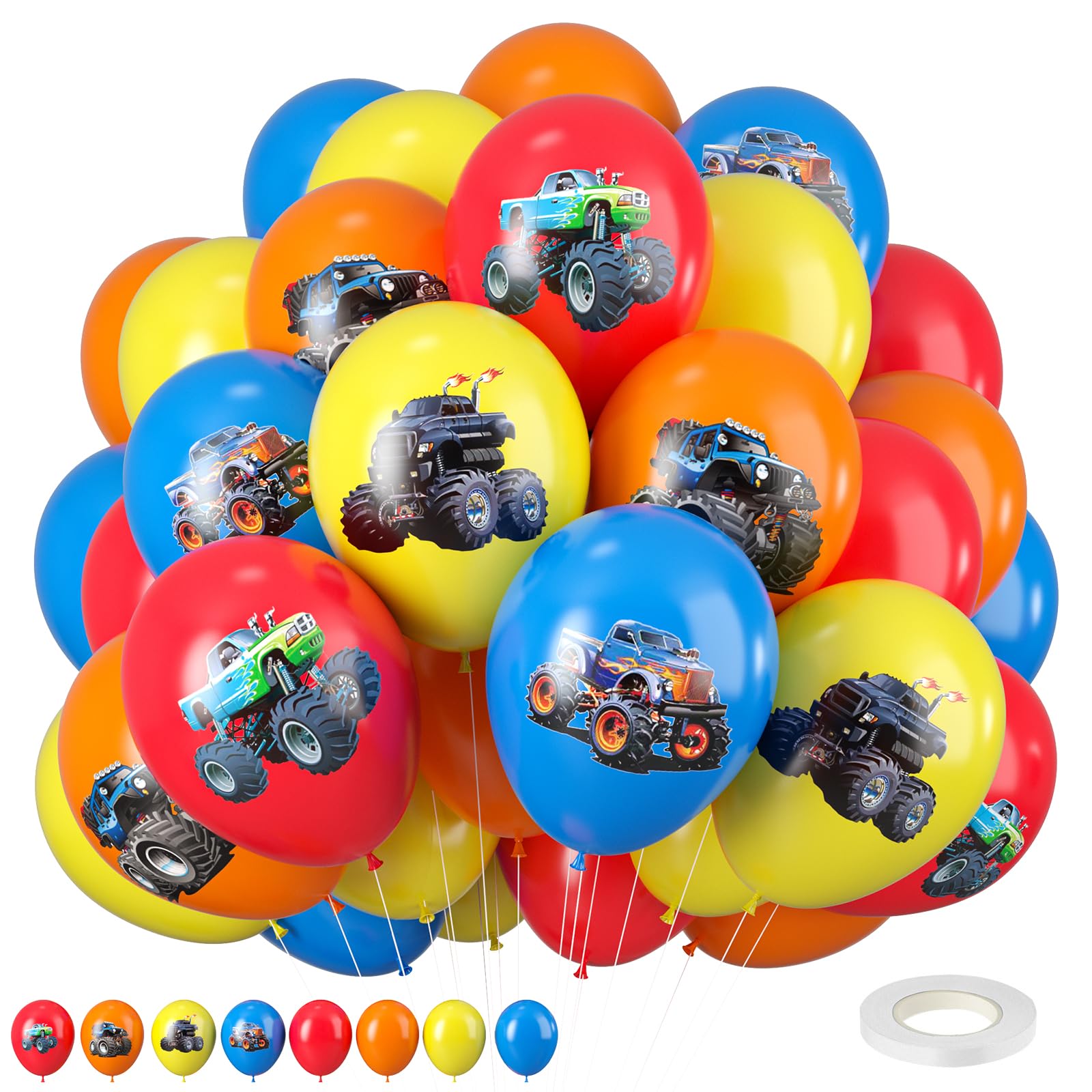 Amazon.com: Monster Truck Balloons, 12 Inch Red Yellow Blue Orange ...