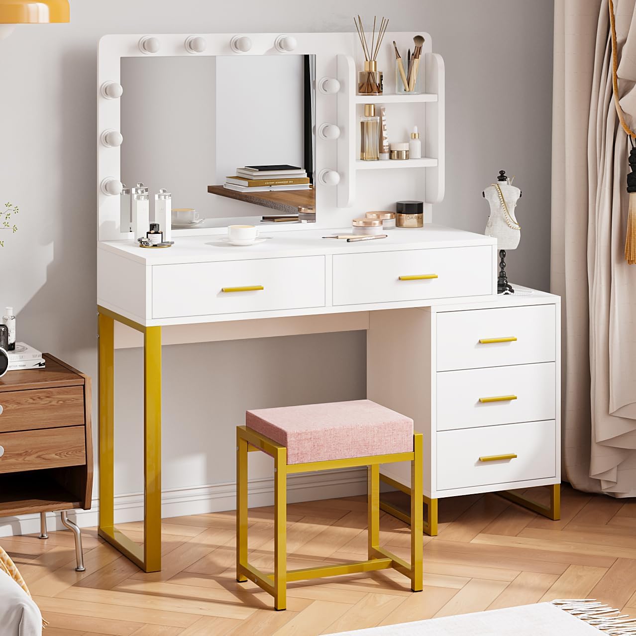 Amazon.com: DOUSY Vanity Desk with Mirror and Lights and Stool, Makeup ...