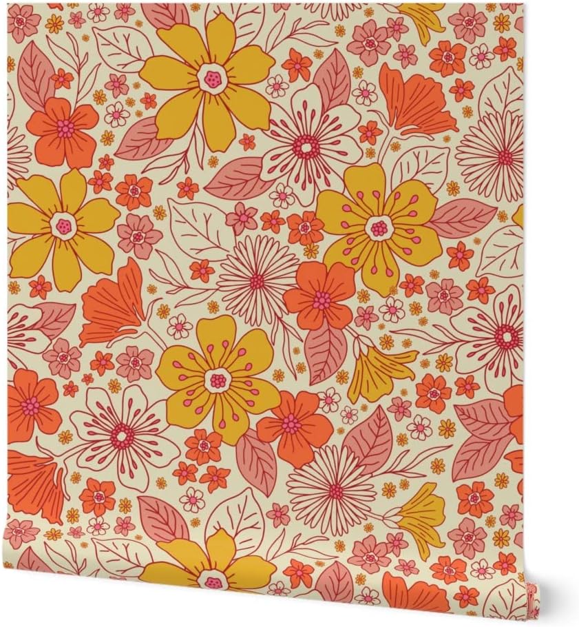 Spoonflower Peel & Stick Wallpaper 9ft x 2ft - Retro 1960S Mod Floral ...