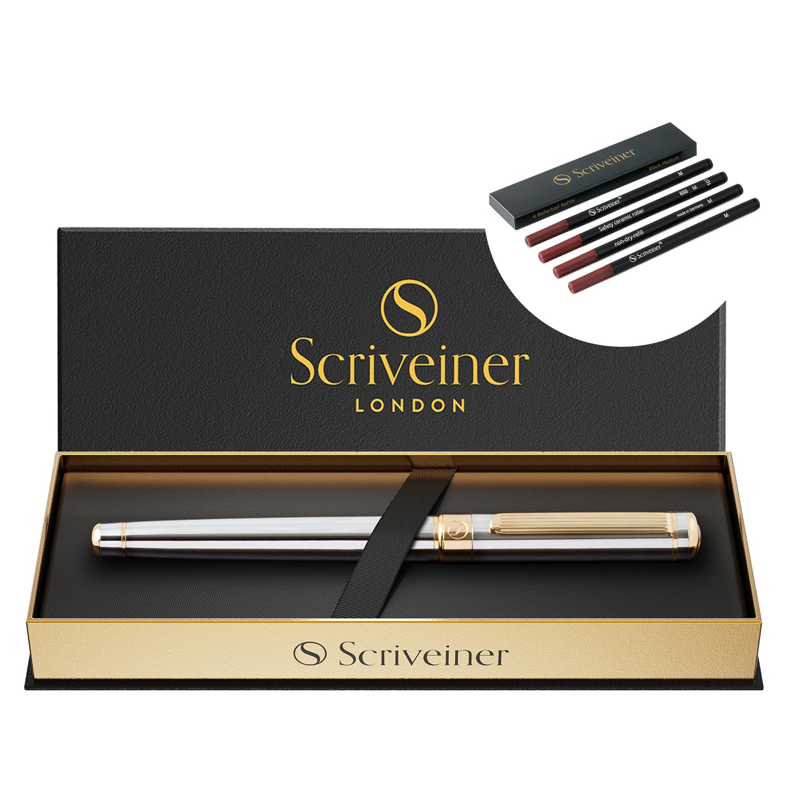 Amazon.com: Scriveiner Silver Chrome Rollerball Pen - Stunning Luxury Pen with 24K Gold Finish ...