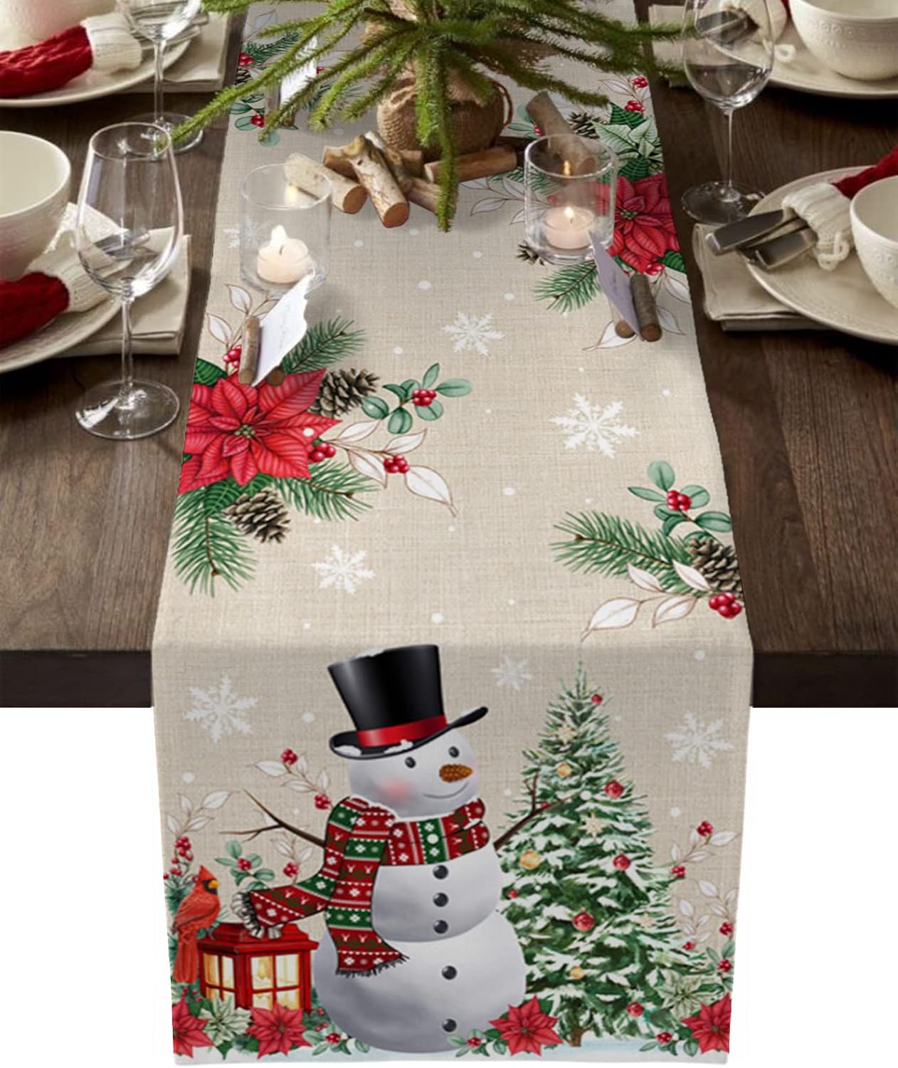 Amazon.com: Christmas Snowman Poinsettia Table Runner-Cotton Linen-36 ...