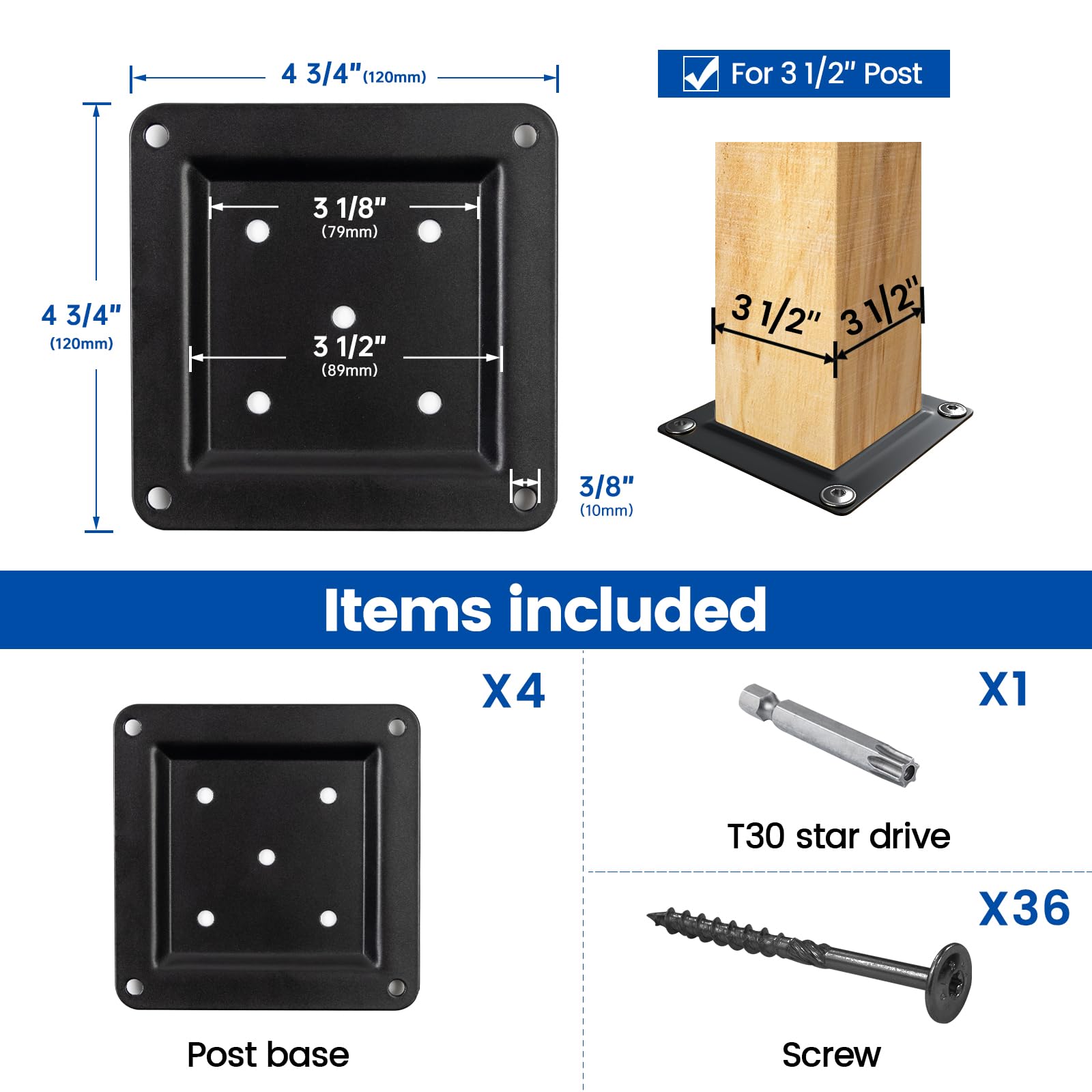 Snapklik.com : Muzata 4Pack Wood Post Plate Connector Fence Post Base ...